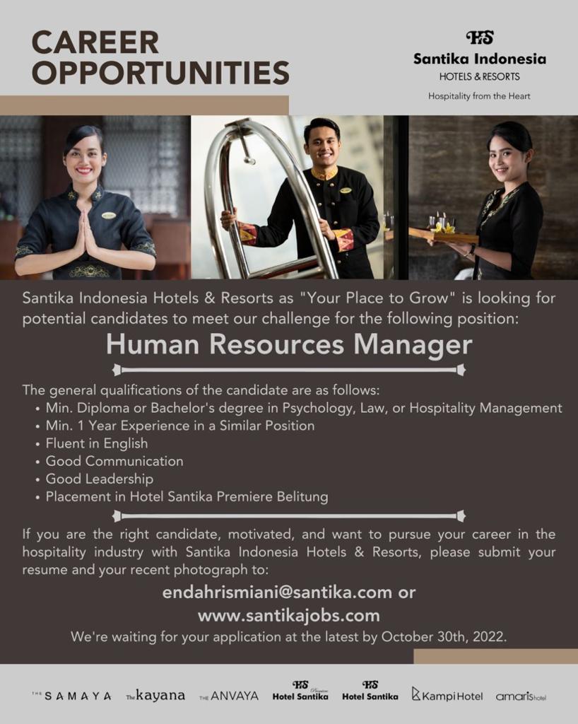 info Loker Human Resources Manager-Hotel Santika Premier Belitung