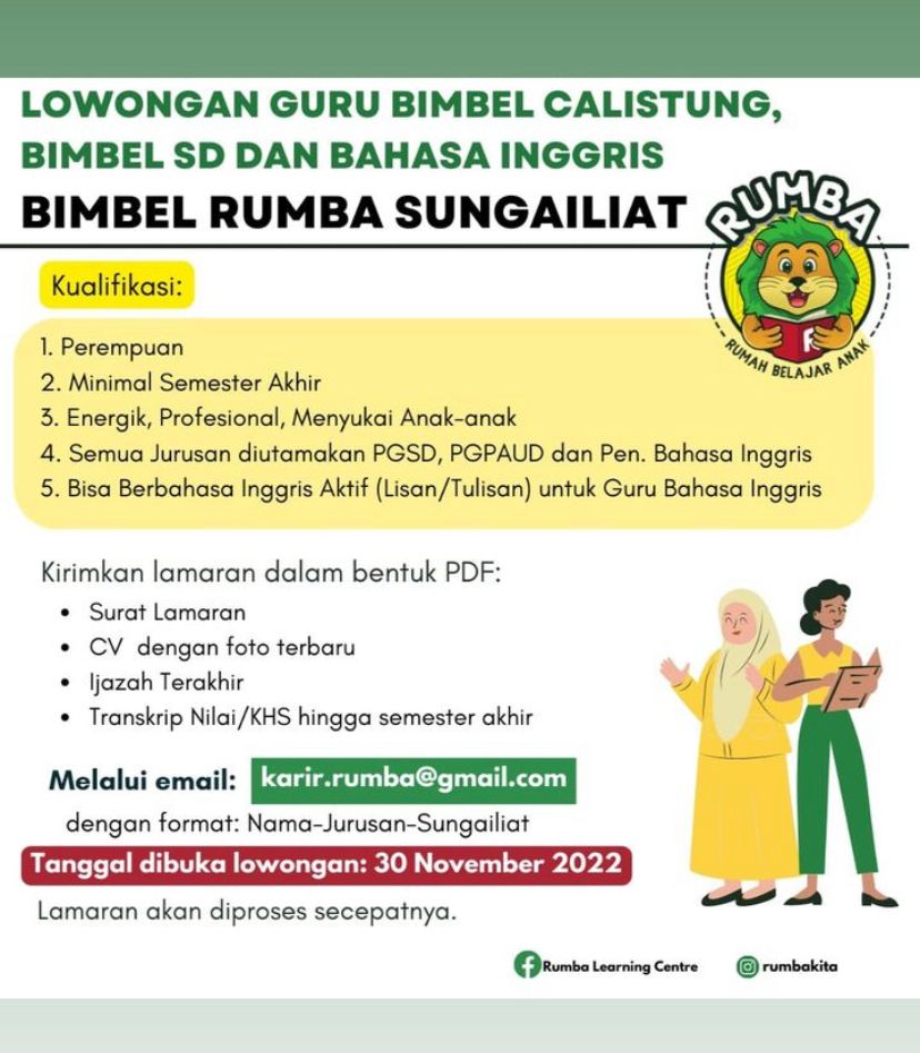 info Loker Guru Bimbel SD dan Bahasa Inggris-Bimbel Calsitung ...
